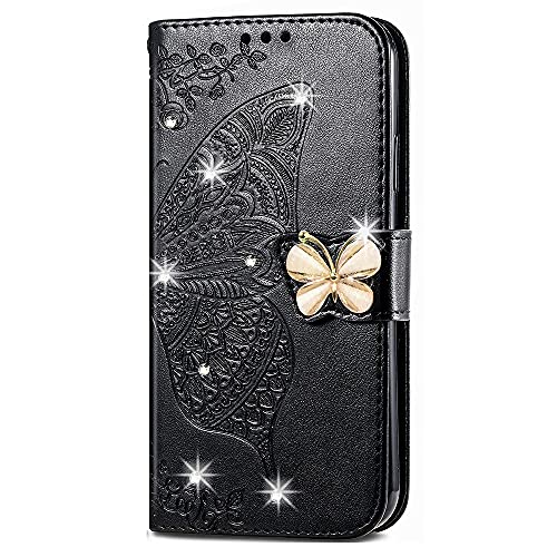 Ysnzaq Samsung Galaxy A32 5G (Not 4G) Lanyard Wallet Case,3D Butterfly Embossed Leather Magnetic Clasp Phone Case with Card Slots Holder Cover for Samsung Galaxy A32 5G HZDGS Rhinestone Black
