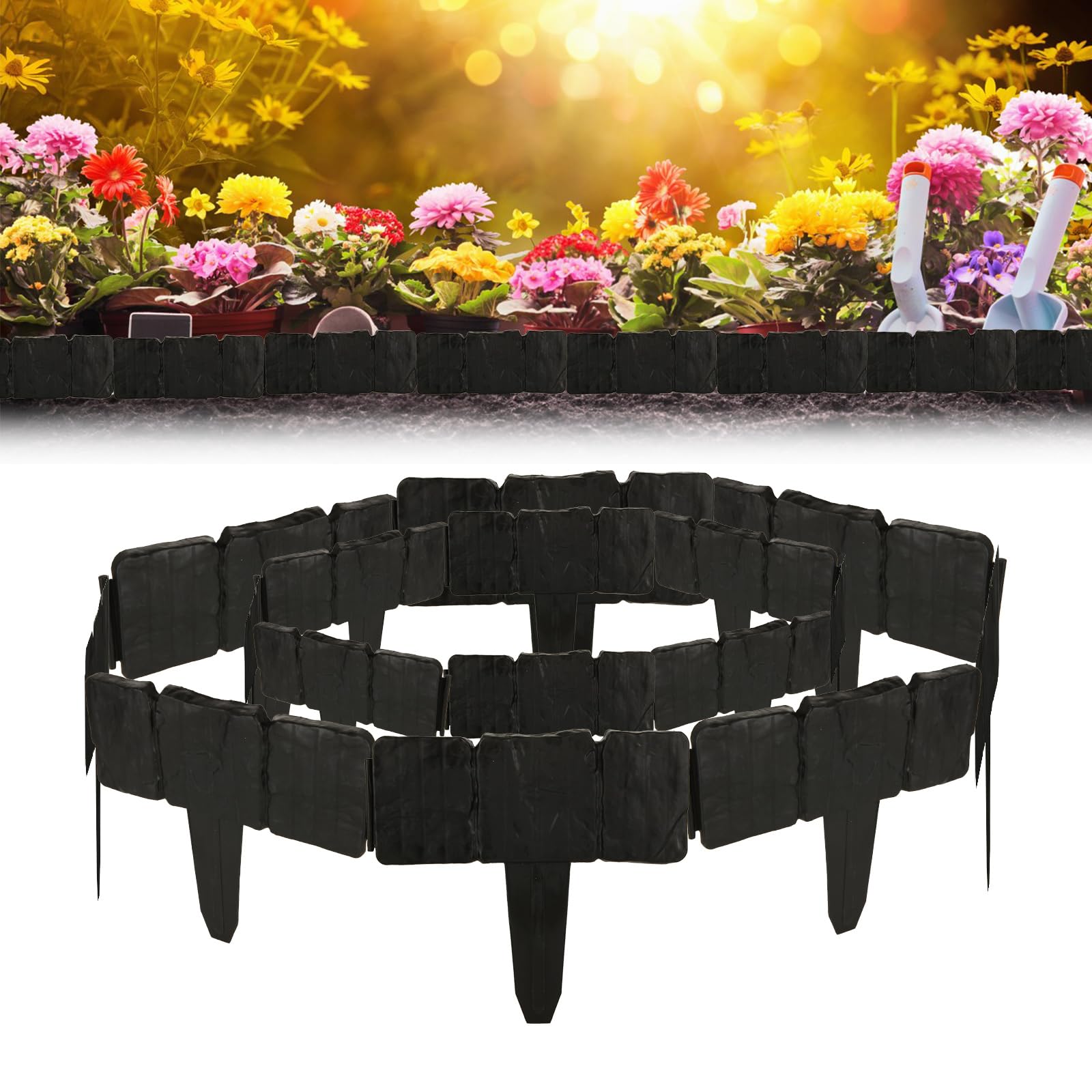 CertBuy Garden Edging Border, 16Ft Garden Landscape Edging Borders, Plastic Garden Fence Edging, Interlocking Landscaping Edging, Lawn Edging Flower Bed Border (20 Pcs, Black)