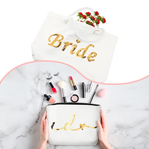 2 Pieces Gold Sequin Bride Tote Bag Canvas Beach Bag Bridal Shower Party Bags Large Wedding Clutch Bag with I Do Makeup Pouch for Engagement Bachelorette Wedding Honeymoon