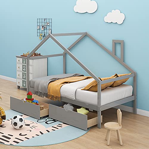 Platform Bed Daybed with Two Pull-Out Drawers and Roof, House Bed Frame for Kids, Twin Size, Gray