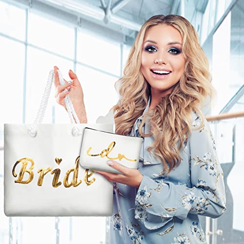 2 Pieces Gold Sequin Bride Tote Bag Canvas Beach Bag Bridal Shower Party Bags Large Wedding Clutch Bag with I Do Makeup Pouch for Engagement Bachelorette Wedding Honeymoon