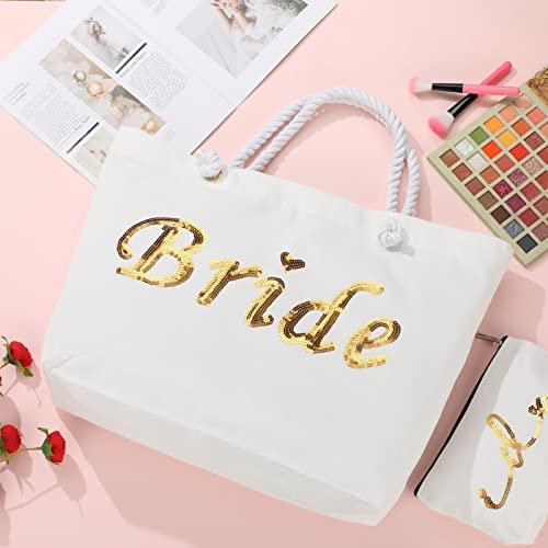 2 Pieces Gold Sequin Bride Tote Bag Canvas Beach Bag Bridal Shower Party Bags Large Wedding Clutch Bag with I Do Makeup Pouch for Engagement Bachelorette Wedding Honeymoon