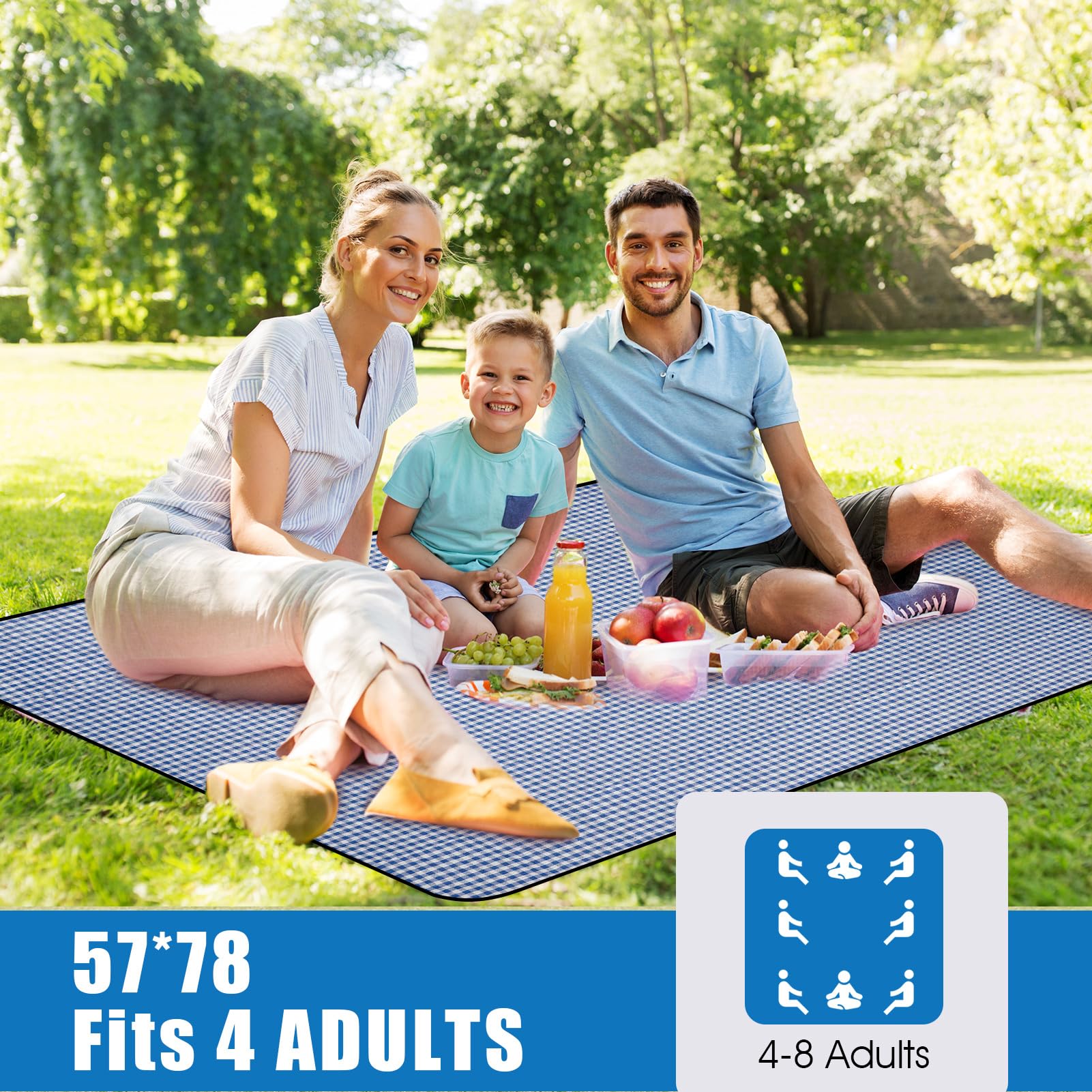 G GOOD GAIN Picnic Outdoor Blankets Waterproof Large - Beach Mat Sand Free Foldable with Carry Strap | Portable Camping Blanket | Park Blanket for Grass Park, Hiking, Travel, Concerts, Indoor (Blue)