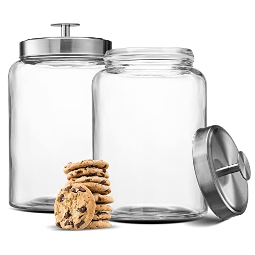 KooK Glass Large Kitchen Canister Set, Food Storage Containers, Bathroom Jars, Airtight Lids, 3.7 Liters.98 gallons, Set of 2 (Stainless Steel)