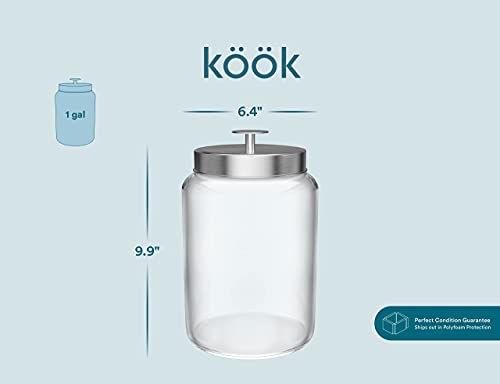 KooK Glass Large Kitchen Canister Set, Food Storage Containers, Bathroom Jars, Airtight Lids, 3.7 Liters.98 gallons, Set of 2 (Stainless Steel)