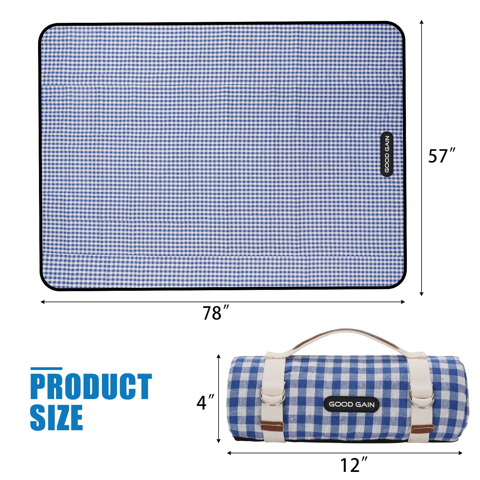 G GOOD GAIN Picnic Outdoor Blankets Waterproof Large - Beach Mat Sand Free Foldable with Carry Strap | Portable Camping Blanket | Park Blanket for Grass Park, Hiking, Travel, Concerts, Indoor (Blue)