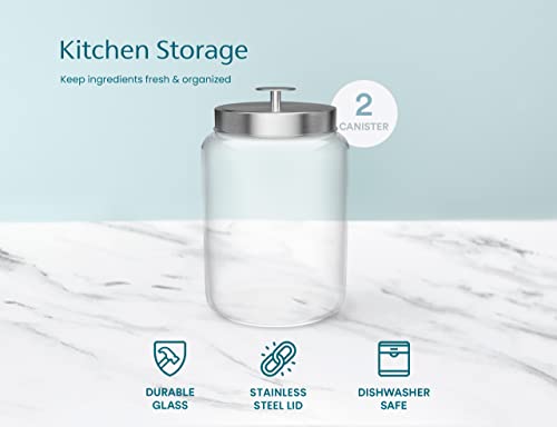 KooK Glass Large Kitchen Canister Set, Food Storage Containers, Bathroom Jars, Airtight Lids, 3.7 Liters.98 gallons, Set of 2 (Stainless Steel)
