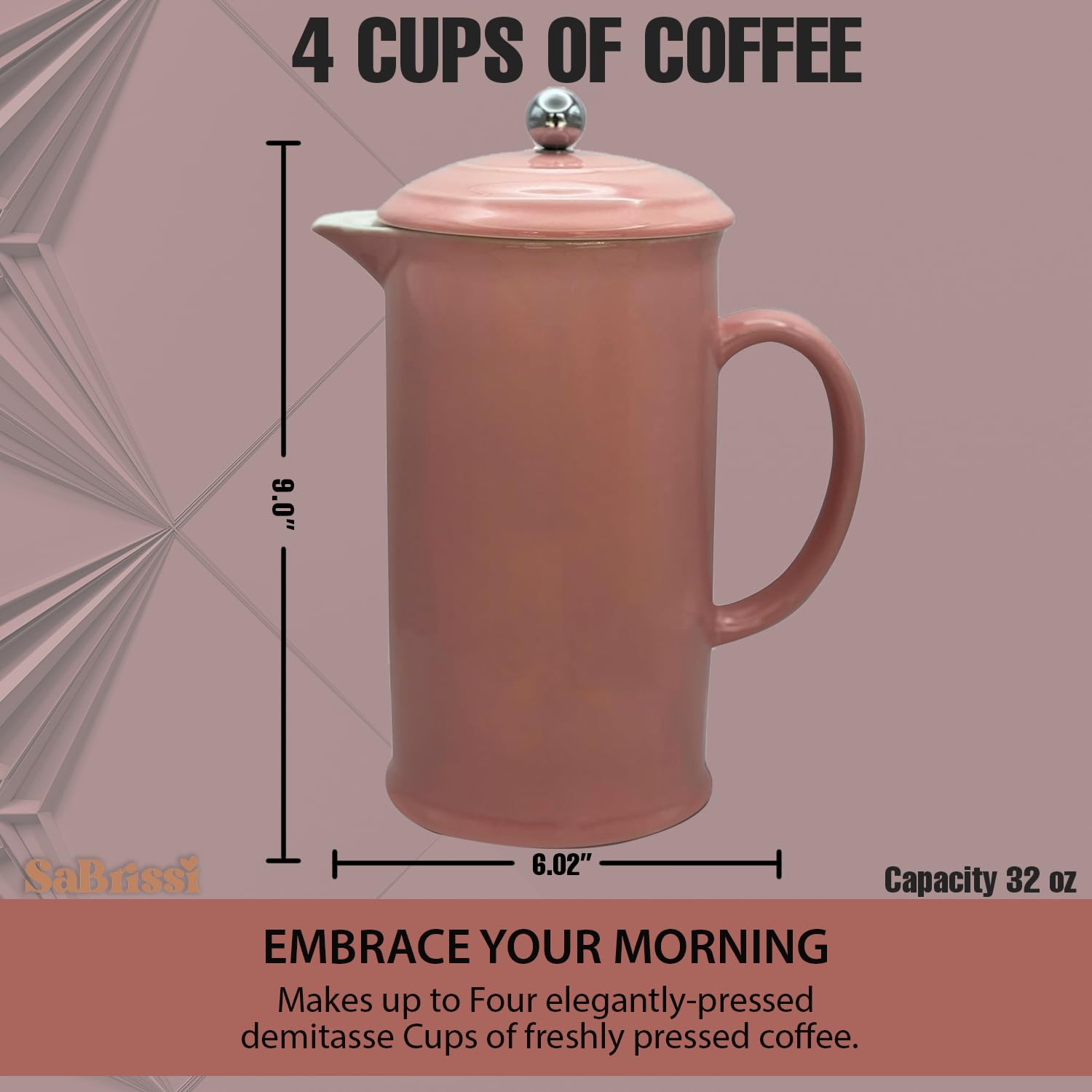 French Press Coffee Maker Stoneware Vintage Cafetiere 34 Ounces Insulated Heat Retention Dishwasher Safe (Pink)