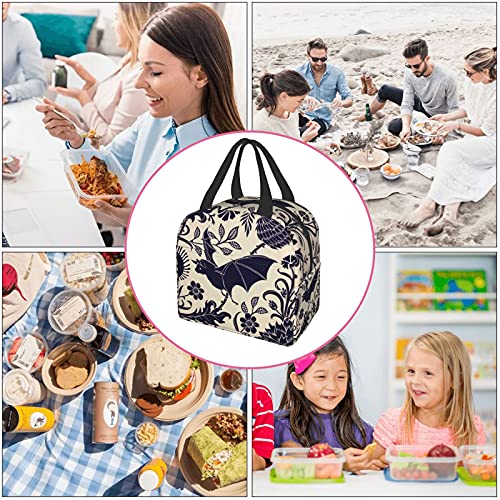 Gocerktr Halloween Bat Flower Lunch Bag for Women Men Reusable Lunch Box Waterproof Thermal Tote Bag Cute Container Work/Travel/Picnic