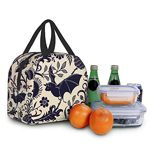 Gocerktr Halloween Bat Flower Lunch Bag for Women Men Reusable Lunch Box Waterproof Thermal Tote Bag Cute Container Work/Travel/Picnic