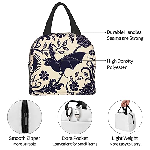 Gocerktr Halloween Bat Flower Lunch Bag for Women Men Reusable Lunch Box Waterproof Thermal Tote Bag Cute Container Work/Travel/Picnic