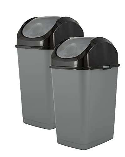 Superio Kitchen Trash Can with Swing Top Lid 9 Gallon, (2 Pack) Slim Waste Bin 37 Qt Durable Plastic, Fit Small Spaces, Office, Bathroom, Under Counter (Grey/Black)