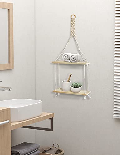 Mazjoaru Macrame Wall Hanging Shelves, Boho Handmade White Shelf Cotton Rope Sturdy Wooden Mounted Cute Decor Display Storage for Plant Bathroom Bedroom Living Room Office-2 Tier