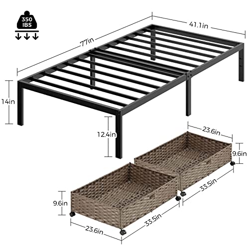 Rolanstar Bed Frame, Twin Bed Frame with 2 Rattan Baskets, 14 “ Metal Platform Bed Frame, Steel Slat Support, No Box Spring Needed, Easy Assembly, Noise Free, Bed with Large Storage Space up to 350LB