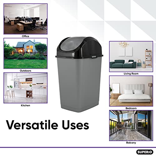 Superio Kitchen Trash Can with Swing Top Lid 9 Gallon, (2 Pack) Slim Waste Bin 37 Qt Durable Plastic, Fit Small Spaces, Office, Bathroom, Under Counter (Grey/Black)
