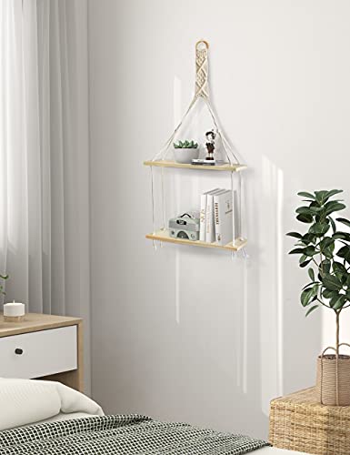Mazjoaru Macrame Wall Hanging Shelves, Boho Handmade White Shelf Cotton Rope Sturdy Wooden Mounted Cute Decor Display Storage for Plant Bathroom Bedroom Living Room Office-2 Tier