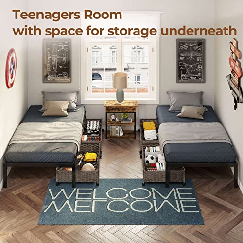 Rolanstar Bed Frame, Twin Bed Frame with 2 Rattan Baskets, 14 “ Metal Platform Bed Frame, Steel Slat Support, No Box Spring Needed, Easy Assembly, Noise Free, Bed with Large Storage Space up to 350LB