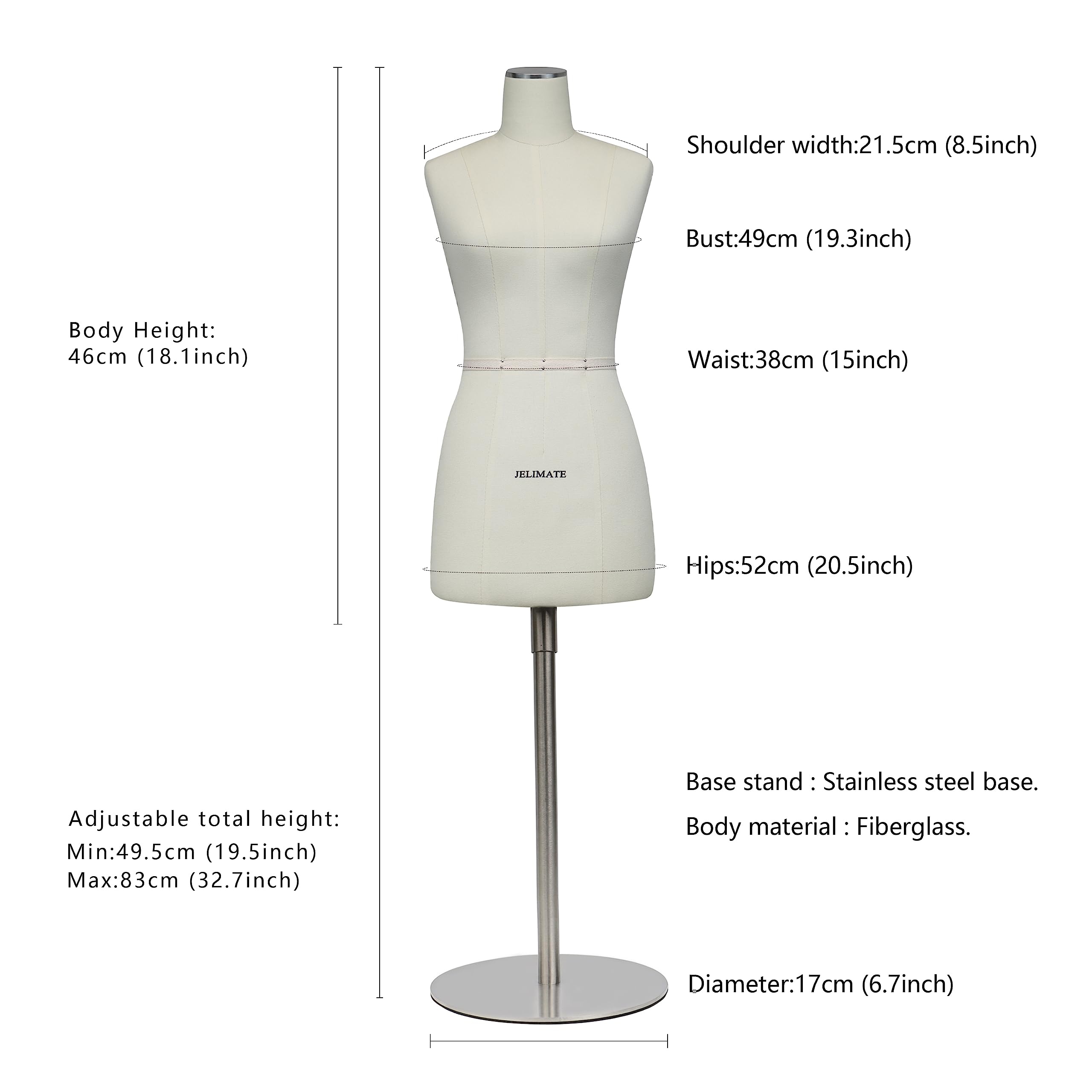 Jelimate Half Scale Dress Form Size 12 (Not Adult Full Size) Female Torso Mini Dressmaker Dummy for Sewing Pattern Maker's Professional Half Size Mannequin,Beige