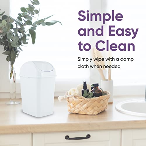 Superio 1.25 Gal Mini Plastic Trash Can with Swing Top Lid Small Waste Bin for Countertop, Desk, Vanity, Bathroom 5 Quart (White)