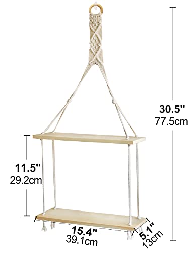 Mazjoaru Macrame Wall Hanging Shelves, Boho Handmade White Shelf Cotton Rope Sturdy Wooden Mounted Cute Decor Display Storage for Plant Bathroom Bedroom Living Room Office-2 Tier
