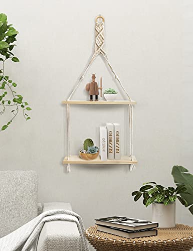 Mazjoaru Macrame Wall Hanging Shelves, Boho Handmade White Shelf Cotton Rope Sturdy Wooden Mounted Cute Decor Display Storage for Plant Bathroom Bedroom Living Room Office-2 Tier