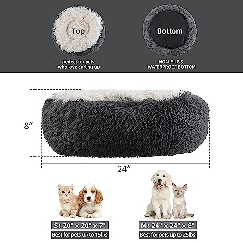 Something Different Calming Dog & Cat Bed, Anti-Anxiety Donut Cuddler Warming Cozy Soft Round Bed, Fluffy Faux Fur Plush Cushion Bed for Small Medium Dogs and Cats,24β,Dark Grey