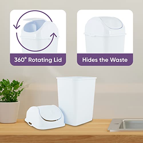 Superio 1.25 Gal Mini Plastic Trash Can with Swing Top Lid Small Waste Bin for Countertop, Desk, Vanity, Bathroom 5 Quart (White)