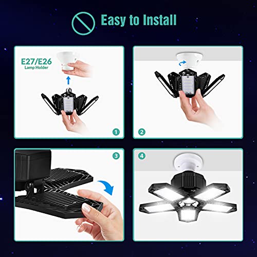 Garage Light Bulb Deformable LED Garage Lights 100W 10000LM 6500K Super Bright Garage Lighting Shop Light with 5 Adjustable Panels and Center Panel E26/E27 Ceiling Lights for Garage Basement - 2Pack