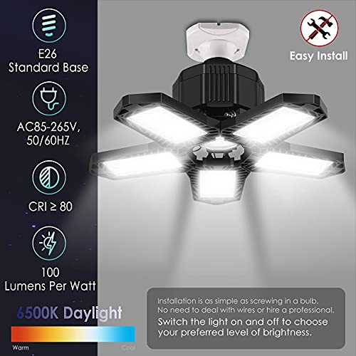 Garage Light Bulb Deformable LED Garage Lights 100W 10000LM 6500K Super Bright Garage Lighting Shop Light with 5 Adjustable Panels and Center Panel E26/E27 Ceiling Lights for Garage Basement - 2Pack