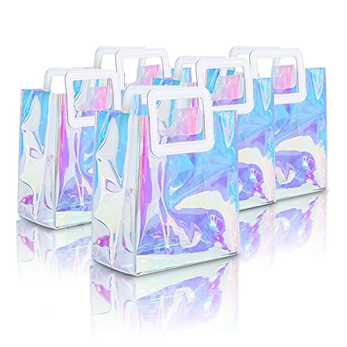 R-LOMU 5pcs Clear Iridescent Reusable Gift Bag 11 x 9.8 x 5.1 Inches Holographic Large Handbag Gift Wrap Bags Pvc with Handle for Party,Birthday,Christmas,Travel, Festival,Wedding, Shopping