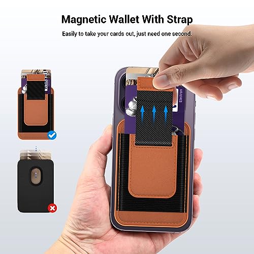 Alfuvcona Magnetic Card Wallet Holder for MagSafe Card Wallet with Strap Leather Wallet for iPhone 15/14/ 13/12 Series Phone Wallet Compatible with Apple Magsafe - Hold 7-8 Cards, Brown