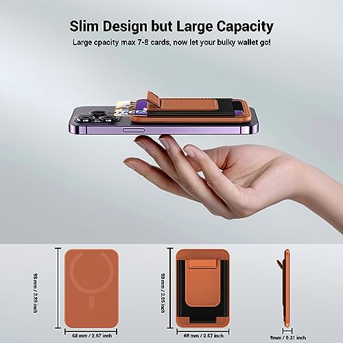 Alfuvcona Magnetic Card Wallet Holder for MagSafe Card Wallet with Strap Leather Wallet for iPhone 15/14/ 13/12 Series Phone Wallet Compatible with Apple Magsafe - Hold 7-8 Cards, Brown