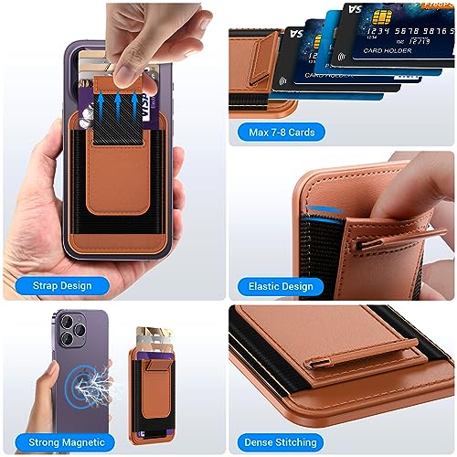 Alfuvcona Magnetic Card Wallet Holder for MagSafe Card Wallet with Strap Leather Wallet for iPhone 15/14/ 13/12 Series Phone Wallet Compatible with Apple Magsafe - Hold 7-8 Cards, Brown