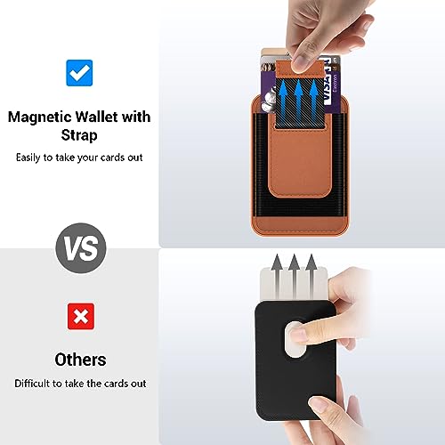 Alfuvcona Magnetic Card Wallet Holder for MagSafe Card Wallet with Strap Leather Wallet for iPhone 15/14/ 13/12 Series Phone Wallet Compatible with Apple Magsafe - Hold 7-8 Cards, Brown