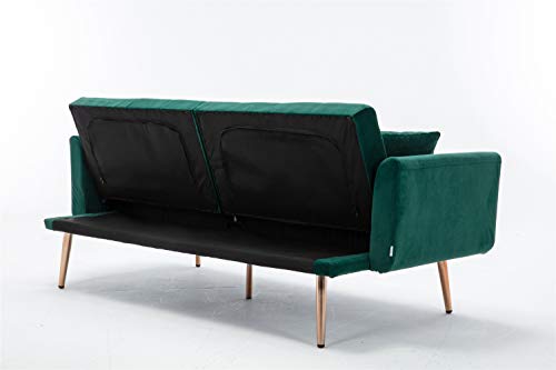NOSGA Velvet Sofa Bed Convertible Sleeper Sofa, Modern Tufted Sofa Bed with 2 Throw Pillow, Adjustable Folding Accent Sofa Rose Gold Metal Feet for Living Room Bedroom (Green)