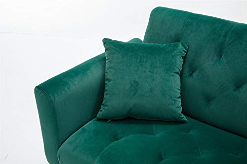 NOSGA Velvet Sofa Bed Convertible Sleeper Sofa, Modern Tufted Sofa Bed with 2 Throw Pillow, Adjustable Folding Accent Sofa Rose Gold Metal Feet for Living Room Bedroom (Green)