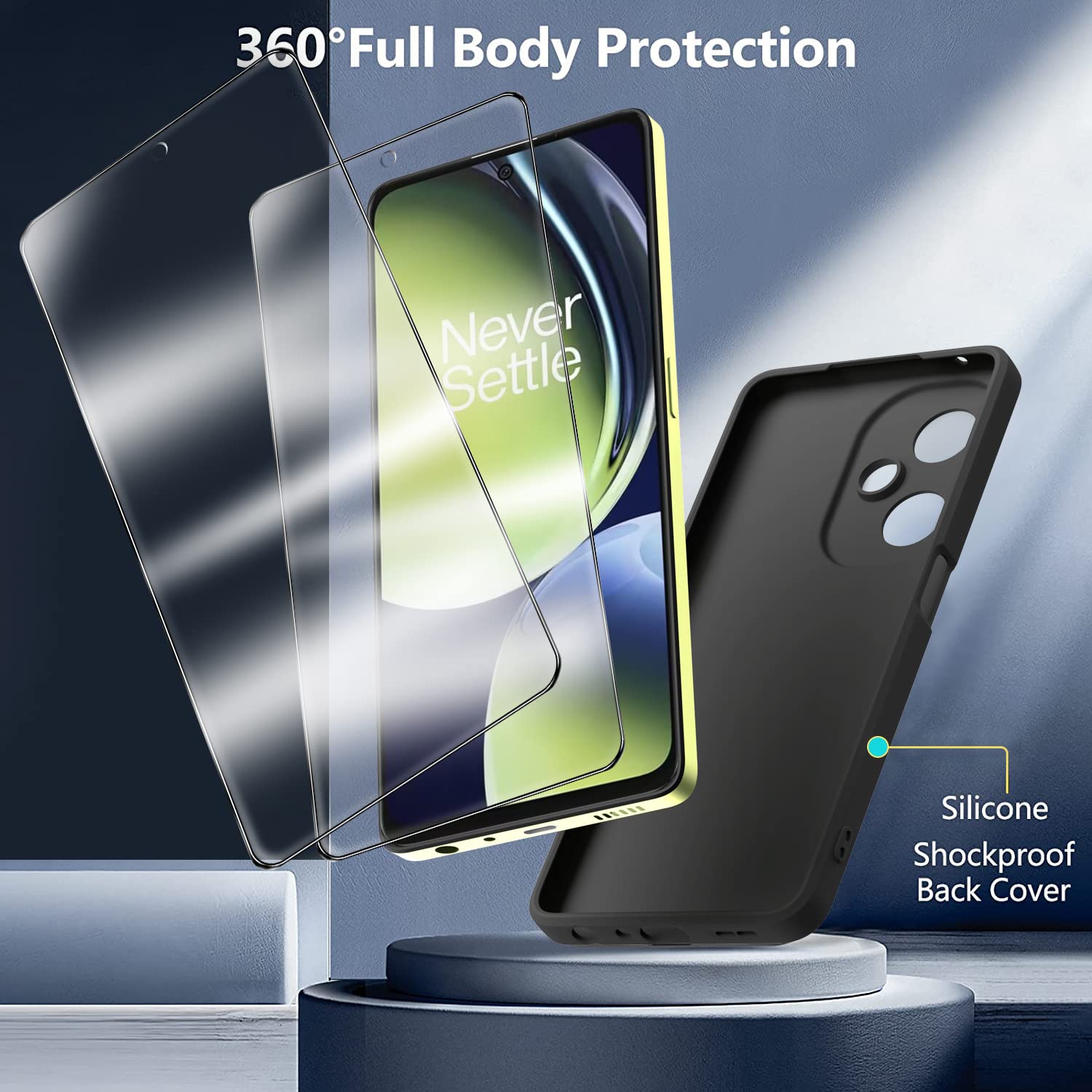 RYKQ for OnePlus Nord N30 5G / OnePlus Nord CE 3 Lite 5G Case and 2 Pack Tempered Glass Screen Protector, Slim Silicone Shockproof Protective Case Cover - Black
