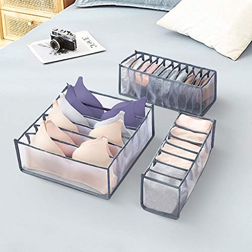 YMLHOME 3Pcs/Set Underwear Drawer Organizer Sock / Bra Organizer Divider Foldable Drawer Storage Box Closet Organizer for Underwear, Bras, Socks, Stockings, Scarves, Ties, Handkerchiefs (Grey)