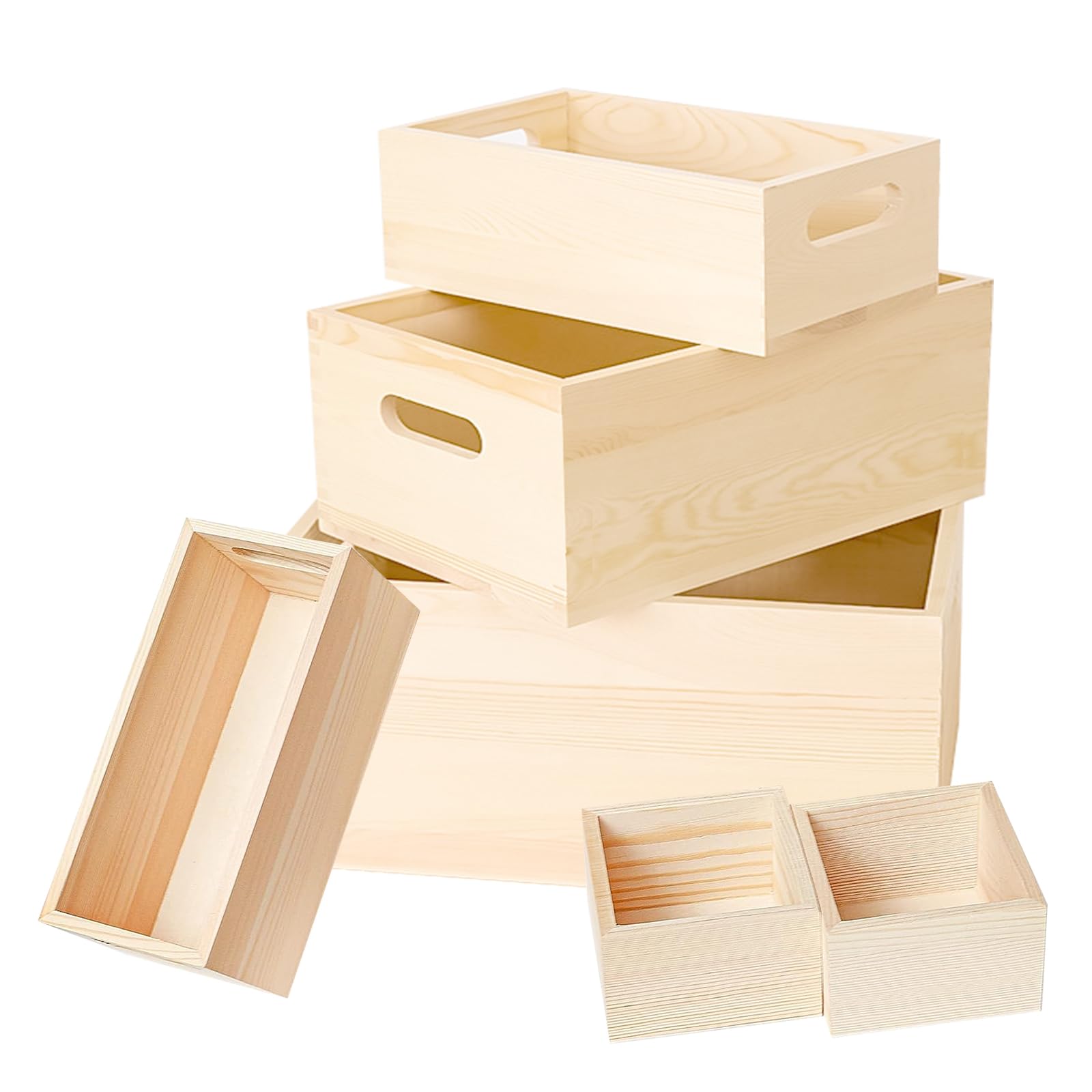 Voittozege 6 Packs Unfinished Wooden Box 5 Sizes Natural Handles Wood Boxes Storage Organizer Container Craft Box Nesting Treasure Wood Crate for Crafts,Decoration, Storage,Organizer