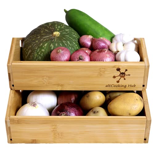 Bamboo Storage Bin - Multipurpose Open Front Stacking Bins for Kitchen & Pantry - Configurable as 2 Tier Bamboo Fruit Basket on Countertop – Ideal for Vegetables, Potato and Onion Storage Bin