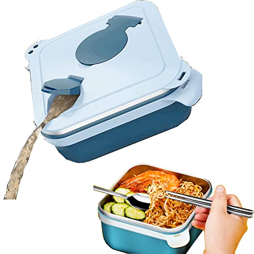 DoxiGlobal Ramen Bowl Stainless Steel Lunch Box Noodle Bowls for Office College Dorm Room Instant Cooking -1.3L (Blue)