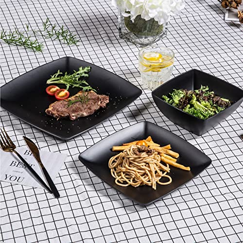 Melamine 12pcs Classic Square Dinnerware Set, Concise Plates and Bowls Set, Service for 4, Dishwasher Safe (Black)