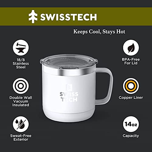 Swiss+Tech 14 oz Coffee Mug, Vacuum Insulated Mug Cup with Lid, Double Wall Stainless Steel Travel Tumbler Cup, Corrosion Resistant, BPA Free (Black&White)