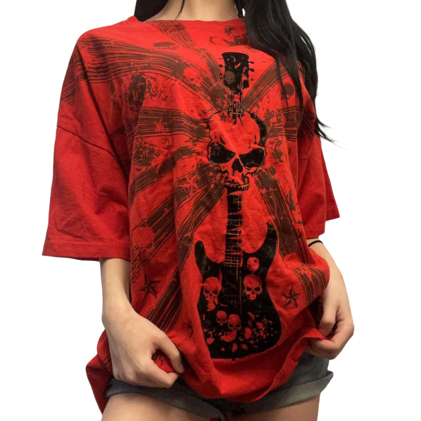 Women Y2K Halloween Short Sleeve T Shirt Vintage Crew Neck Punk Gothic Skull Graphic Harajuku Tee Outing (Red, L)