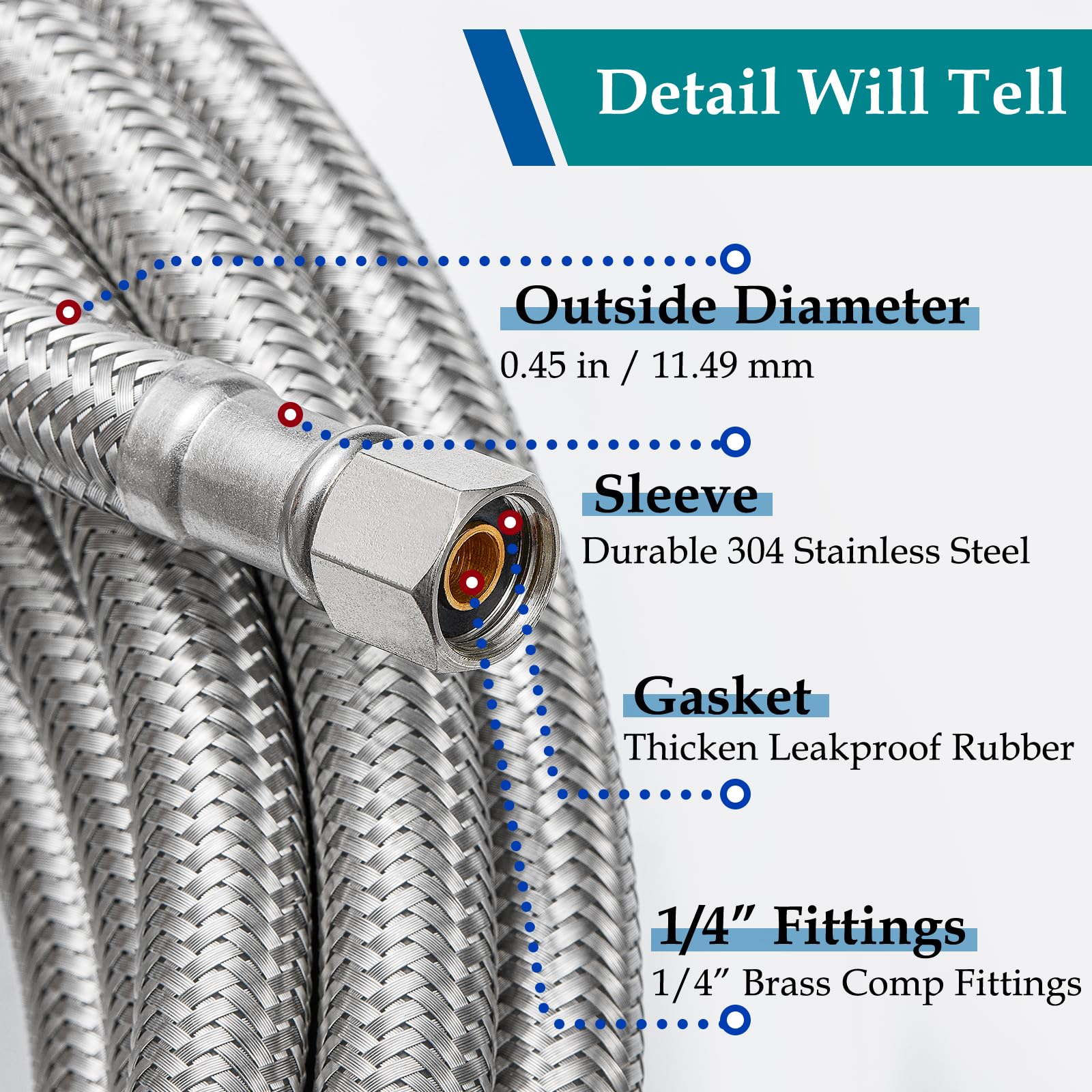 Refrigerator Ice Maker Water Line Kit - 30' Braided Stainless Steel Fridge Water Line with 1/4" Compression Fittings Pex Tubing Core and Water Splitter