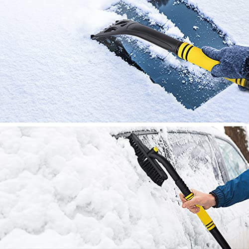 Yemei 35" Extendable Car Snow Brush with Squeegee,Brush Supports 360 Degree Rotation,Retractable Snow Shovel with Foam Grip ,for Small Car Truck SUV + Ice Scraper Yellow