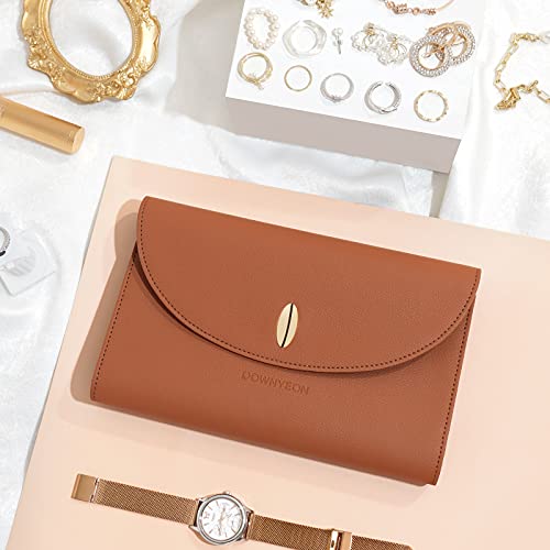 ROWNYEON Travel Jewelry Organizer Case Leather Jewelry Roll Journey Storage Bag for Earrings, Rings, Necklaces, Bracelets (Brown)