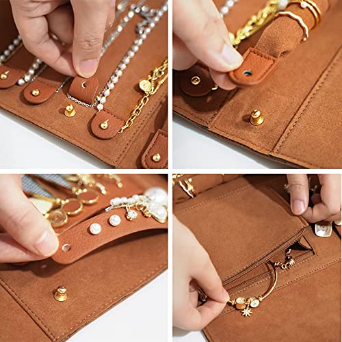 ROWNYEON Travel Jewelry Organizer Case Leather Jewelry Roll Journey Storage Bag for Earrings, Rings, Necklaces, Bracelets (Brown)