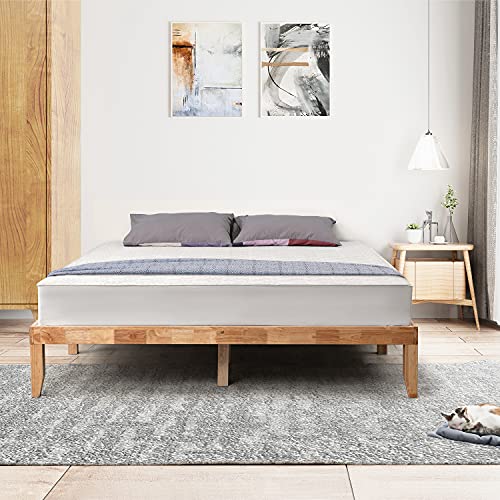 Bestmart INC Full Wooden Bed Frame No Box Spring Needed Marco de Madera 14'' Platform Bed Frame with Solid Wooden Slat and 10 Solid Feet,Quiet Noise Free