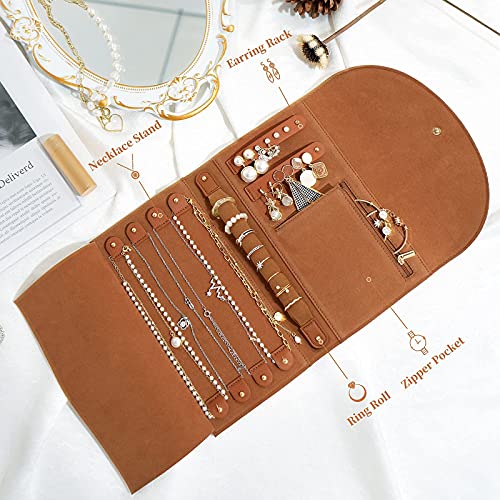 ROWNYEON Travel Jewelry Organizer Case Leather Jewelry Roll Journey Storage Bag for Earrings, Rings, Necklaces, Bracelets (Brown)